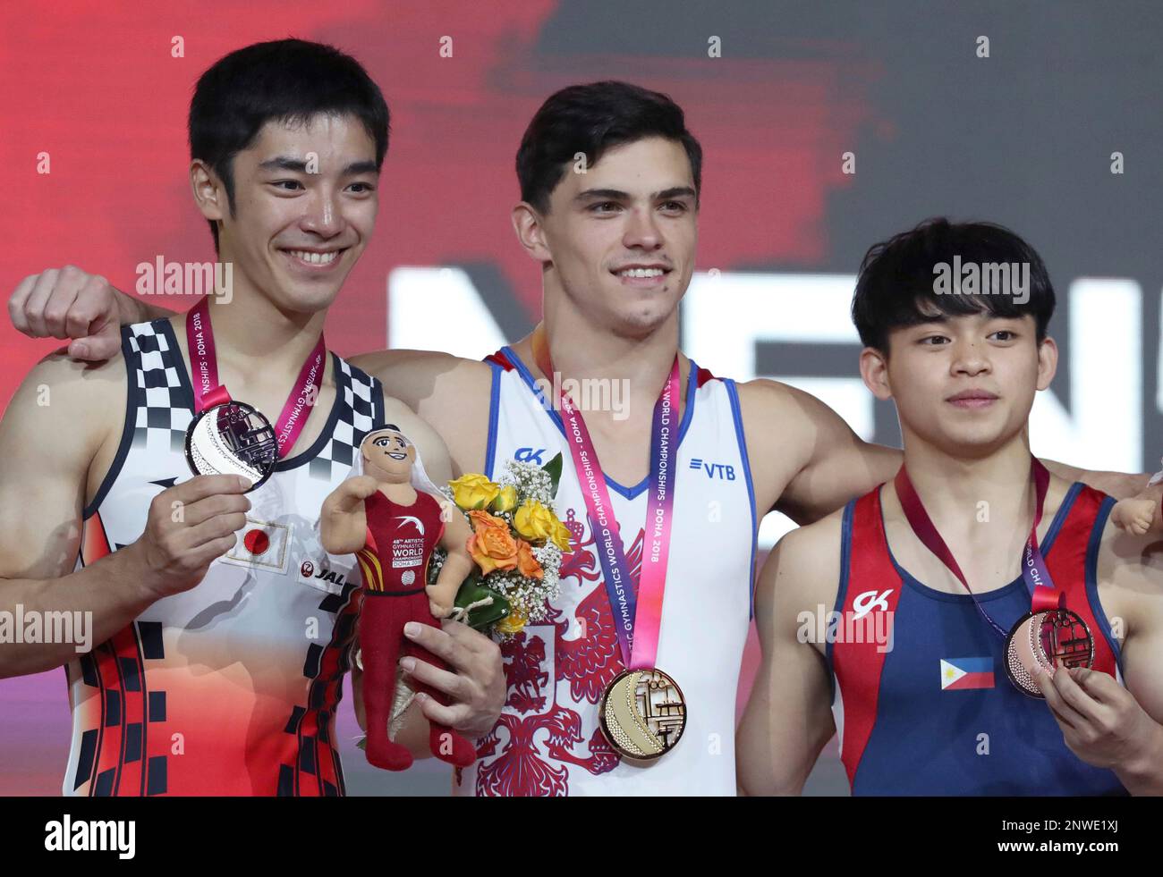 (L-R) Japan's Kenzo Shirai, silver, Russia's Artur Dalaloyan, gold and ...