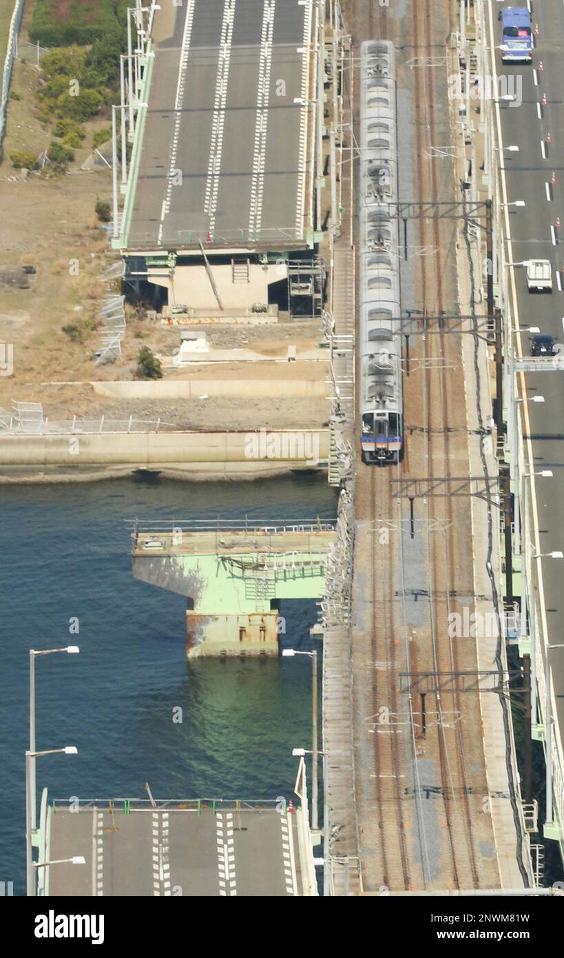 An aerial photo shows a train of Nankai Electric Railway Co., Ltd ...