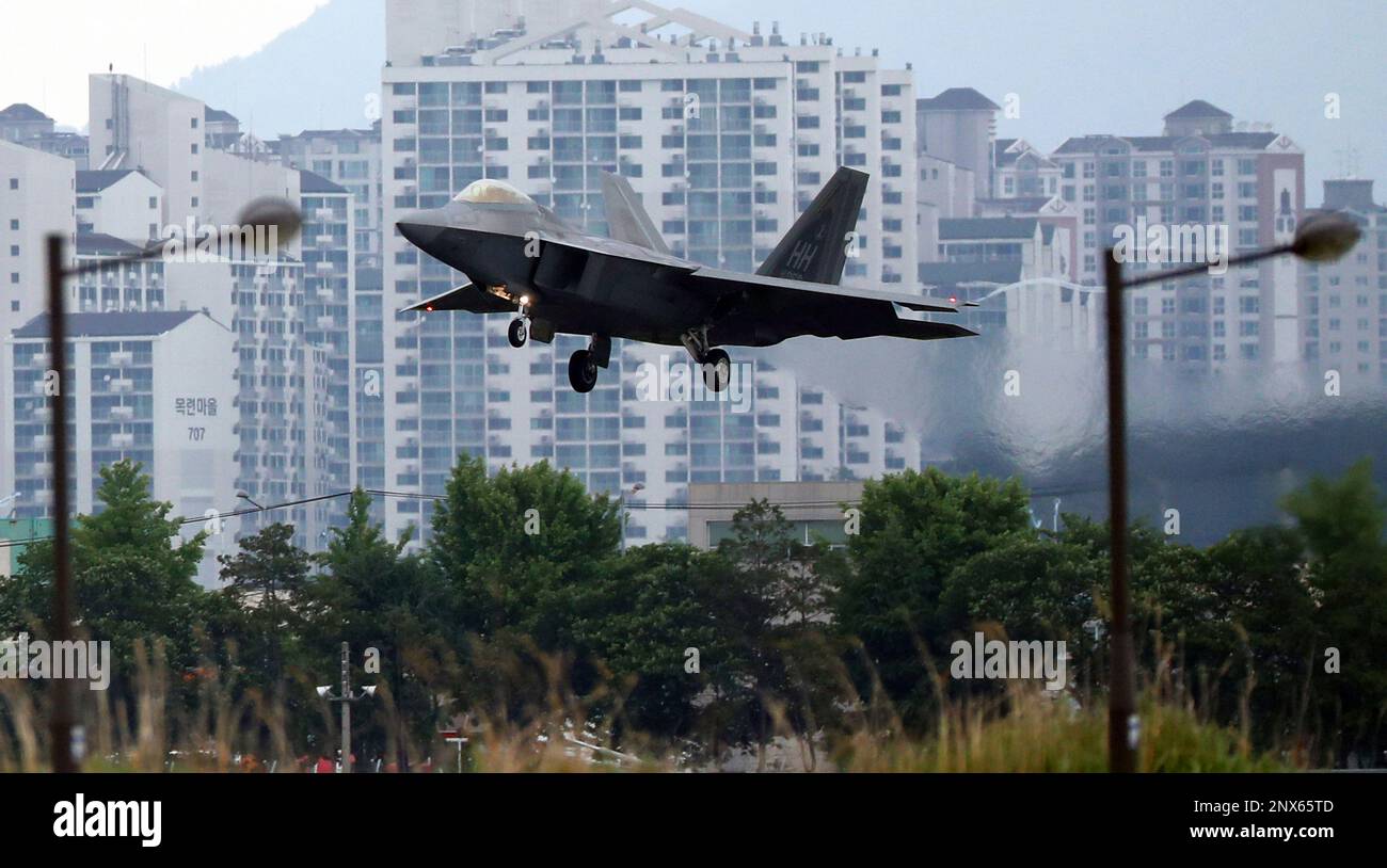 A U.S. F-22 Raptor stealth fighter jet lands as South Korea and the ...