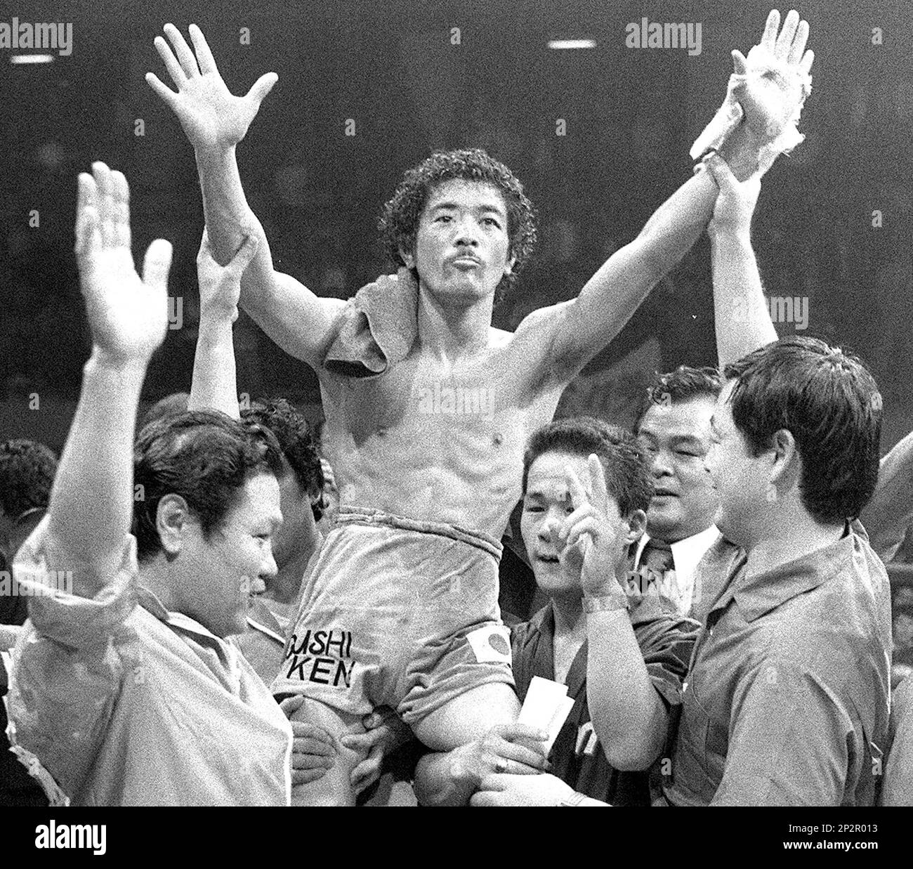 In this Oct. 10, 1976 photo, Japanese boxer Yoko Gushiken celebrates ...