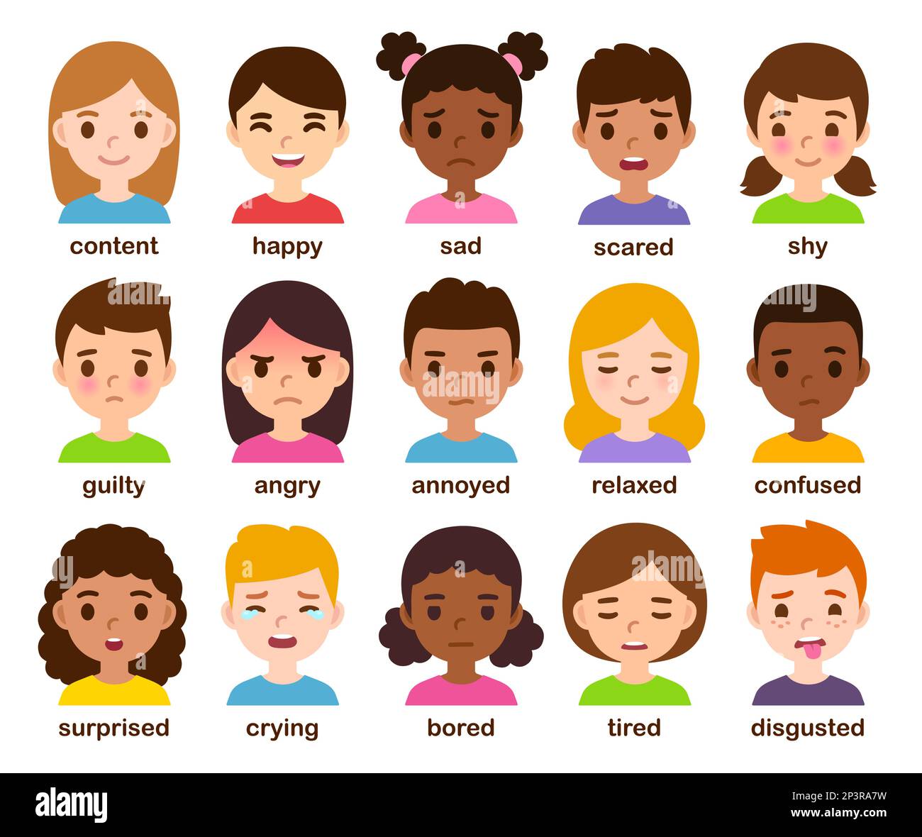 Carino cartone animato bambini volti con emozioni diverse. Espressioni ...