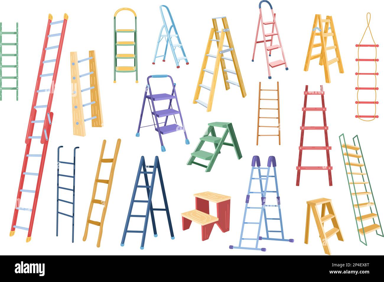 Scala cartoon. Diversi tipi di scale a pioli, scale alte per scalare il ...