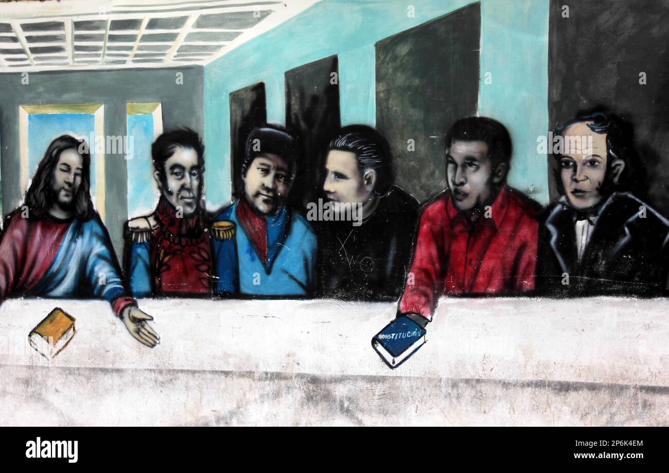A mural mimicking The Last Supper religious painting, shows from left ...