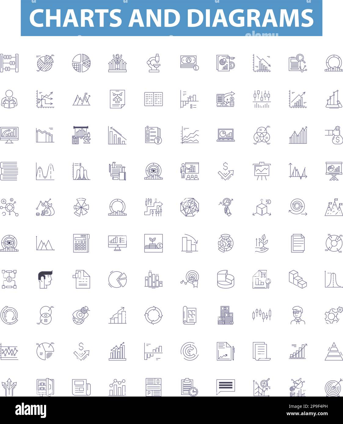 Grafici e diagrammi icone a linee, set di segni. Grafici, grafici ...