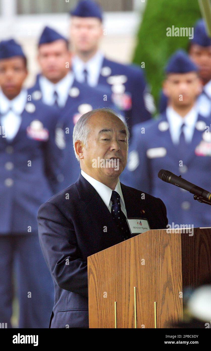 Japanese Defense Minister Fumio Kyuma speaks during a ceremony to mark ...