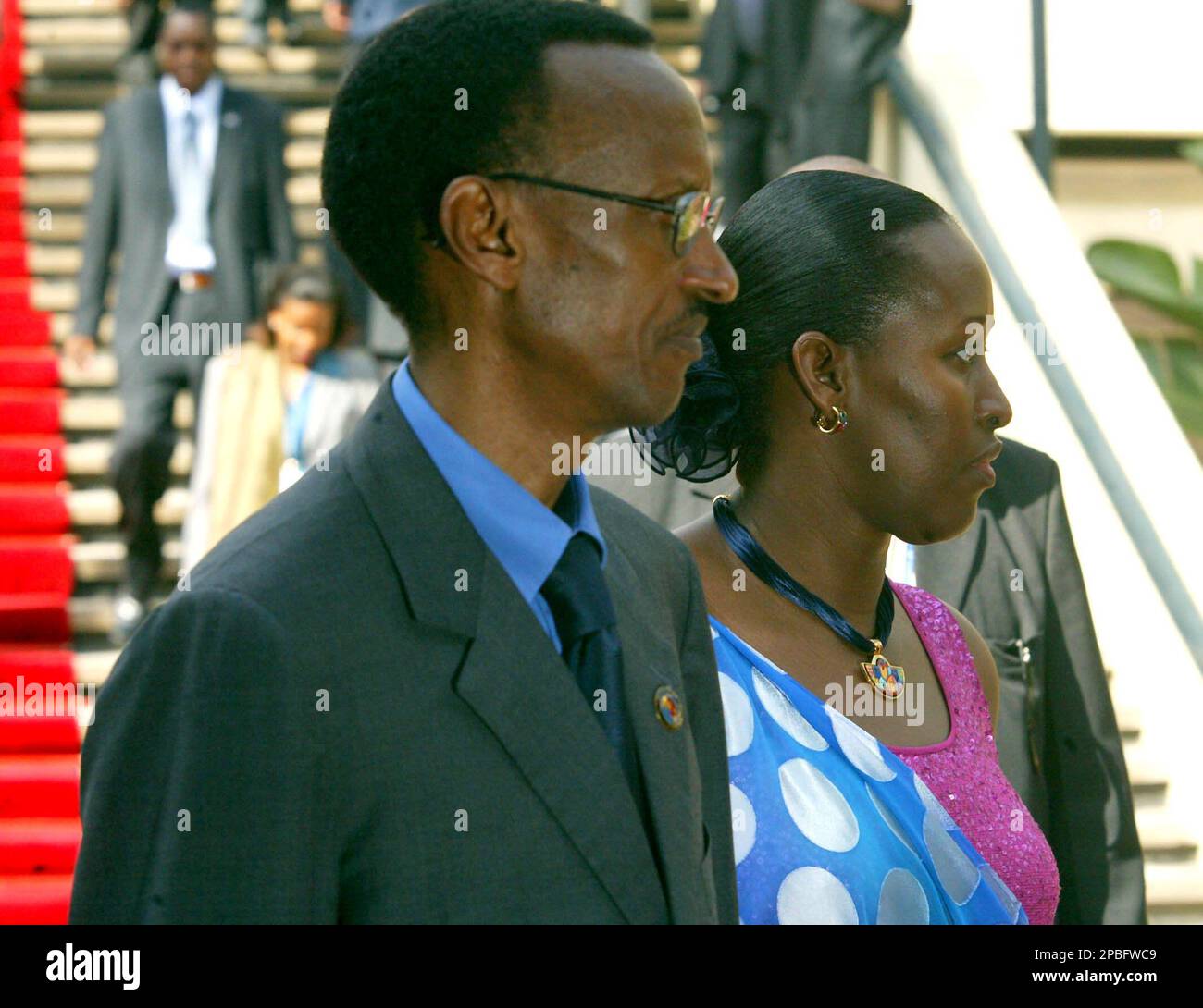President of Rwanda, Paul Kagame, left, with his wife Janet Kagame, arrive for the second day of ...