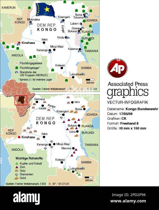 GRA109 GRAFIK KONGO BUNDESWEHR - Karte des Landes mit der Verteilung der Bodenschaetze sowie ...