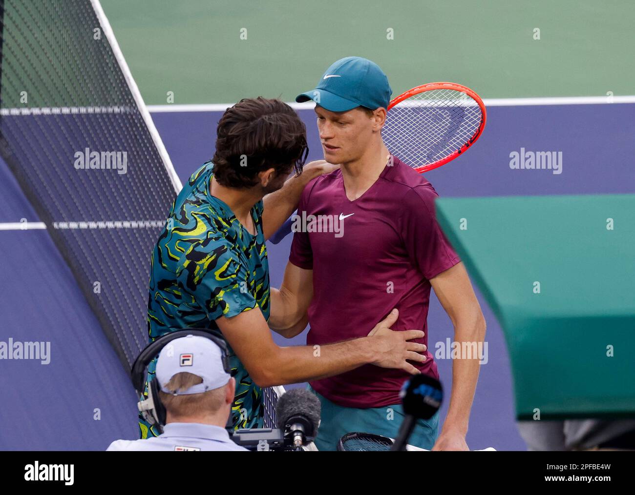 16 marzo 2023 Taylor Fritz si congratula con Jannik Sinner d'Italia durante il BNP Paribas Open ...