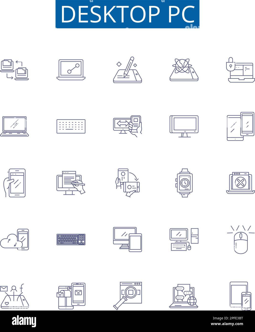 Set di simboli delle icone della linea del pc desktop. Collezione di ...