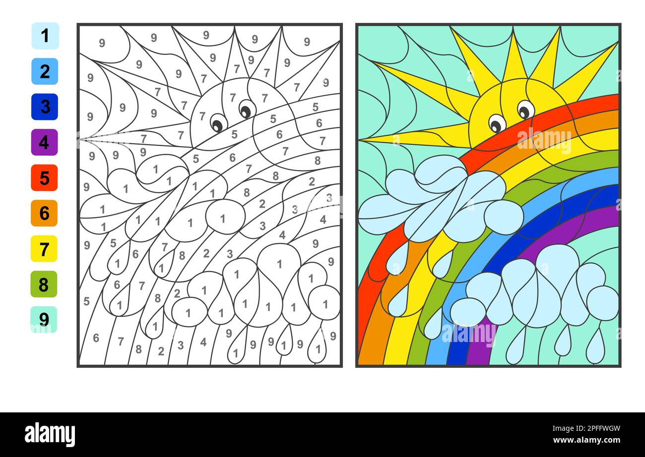 Colore per numeri arcobaleno e nuvole. Gioco di puzzle per l'educazione ...