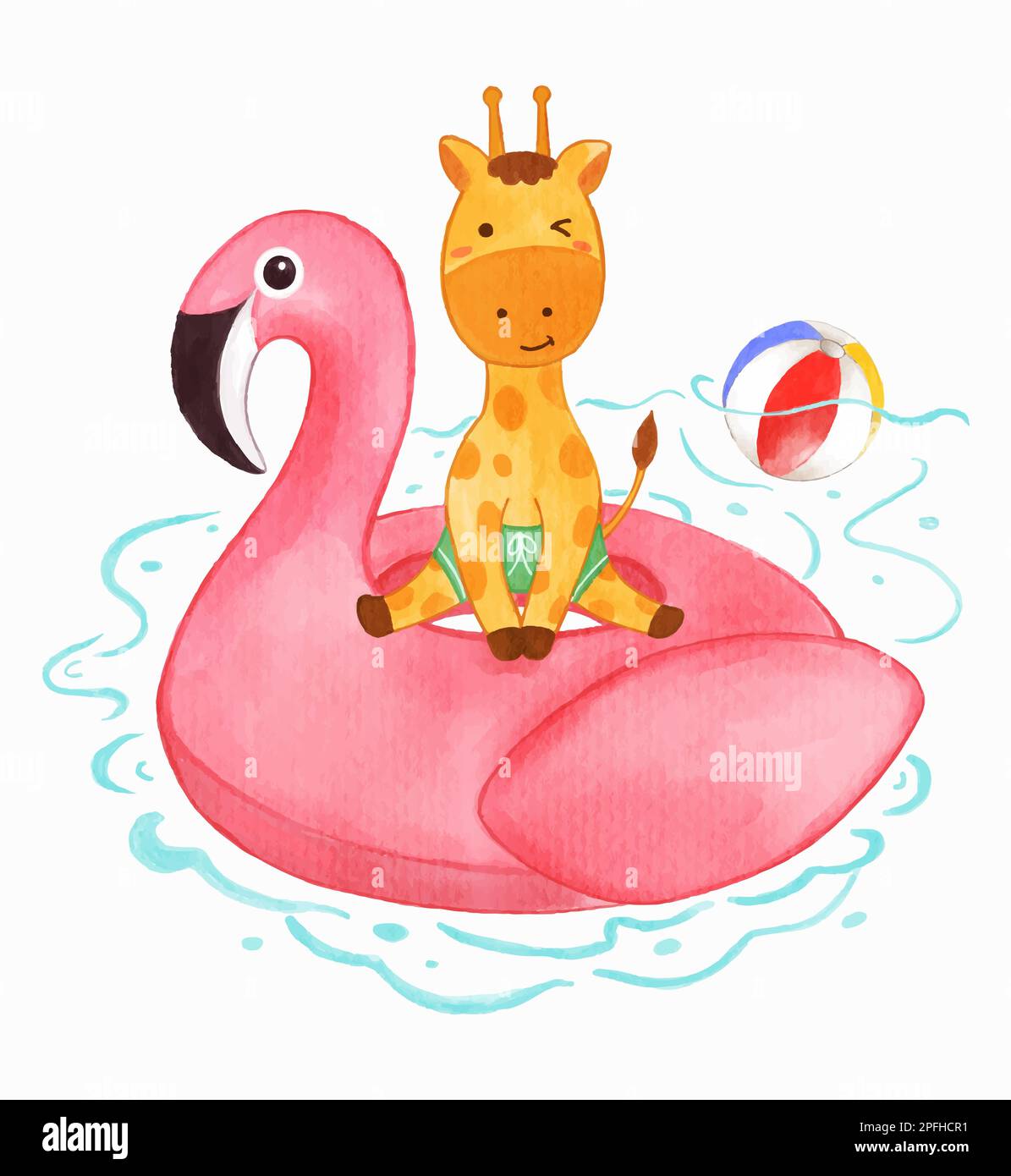 Giraffa sedersi su un anello gonfiabile a forma di fenicottero in acqua ...