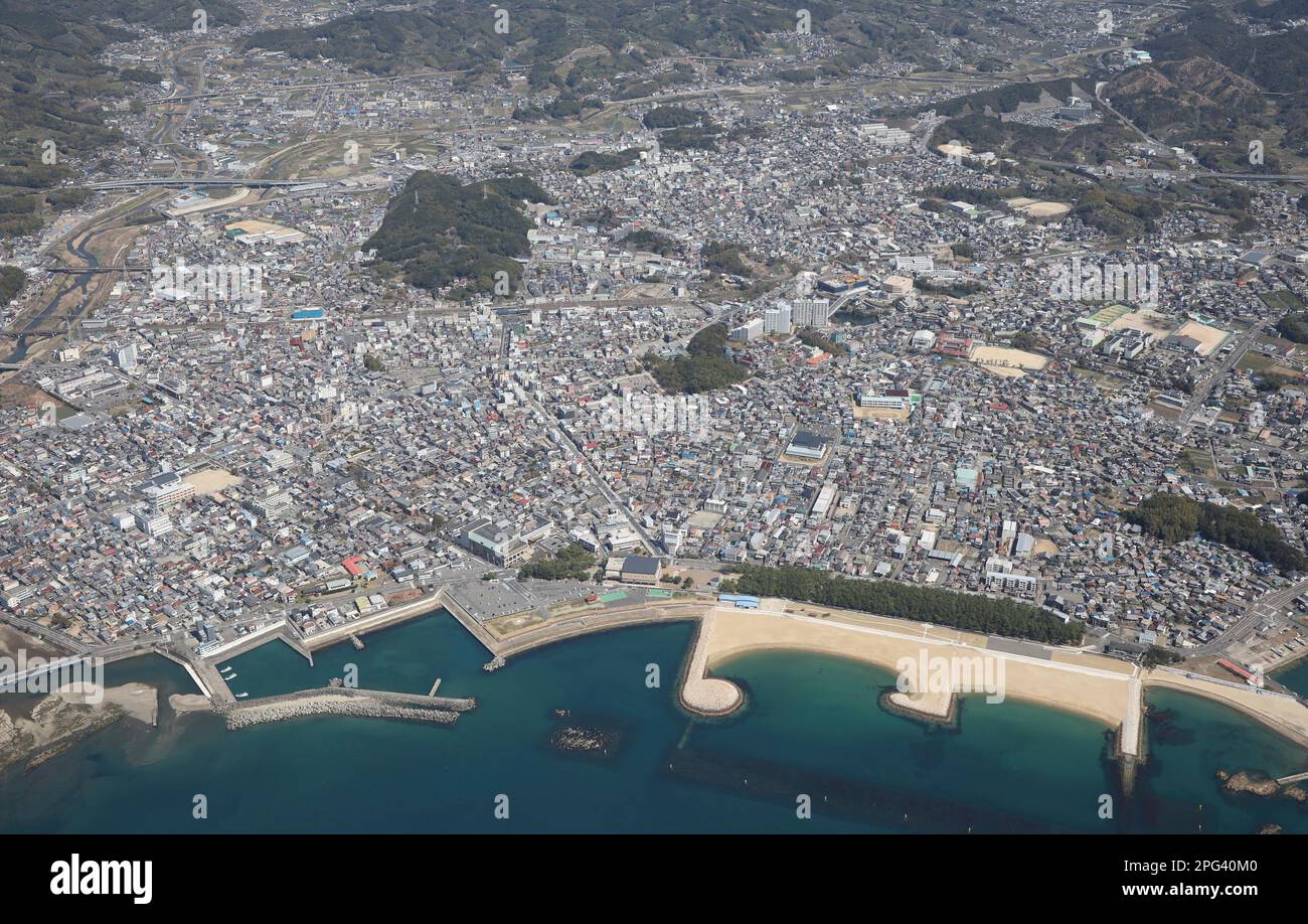 An aerial photo shows Tanabe city in Wakayama Prefecture where it is ...