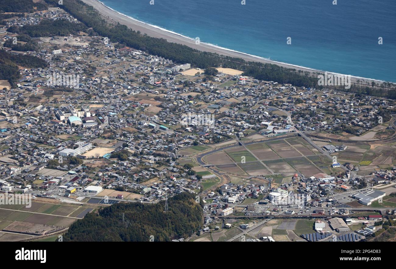 An aerial photo shows Kaiocho town in Tokushima Prefecture where it is ...