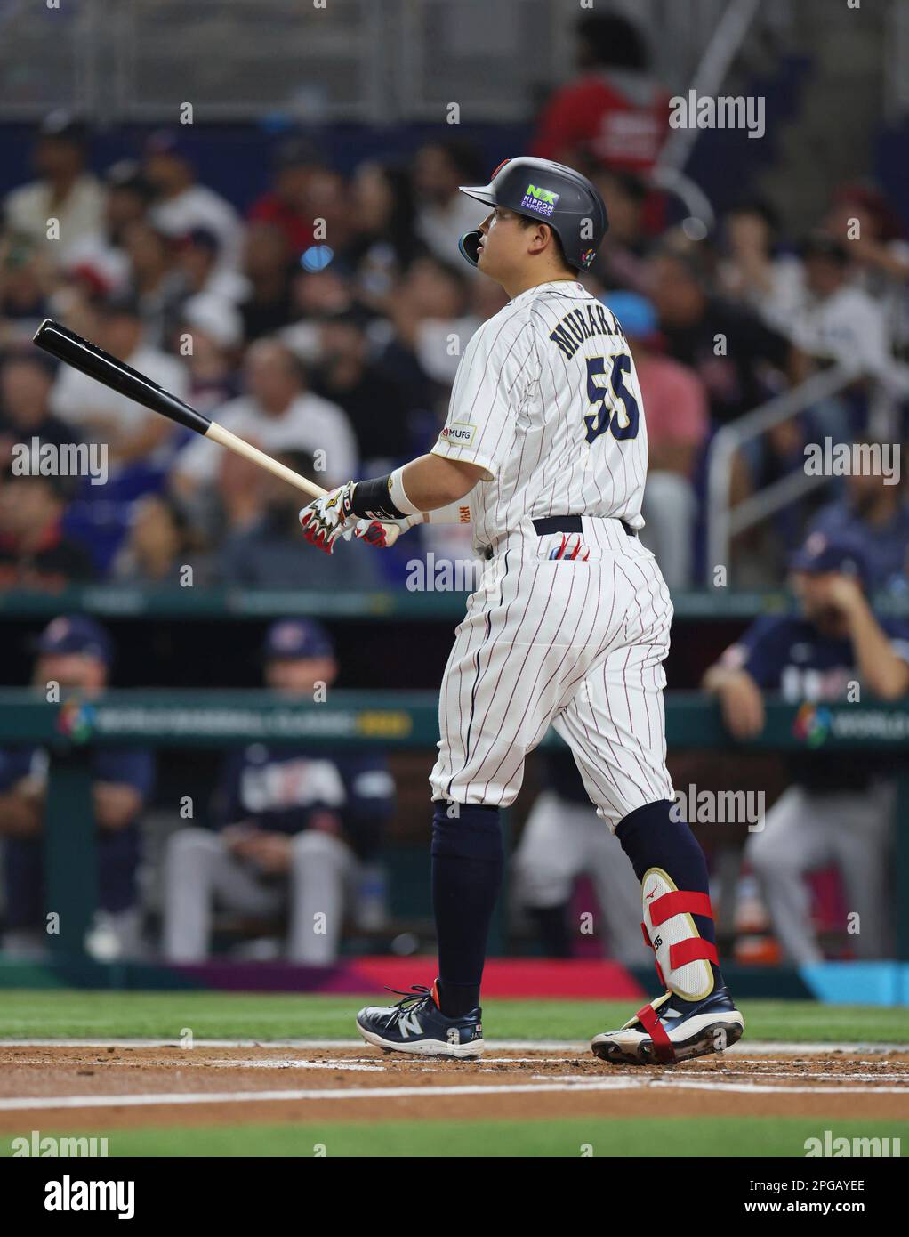 Japan's Munetaka Murakami homers in the 2nd inning of the World Baseball Classic (WBC) final ...