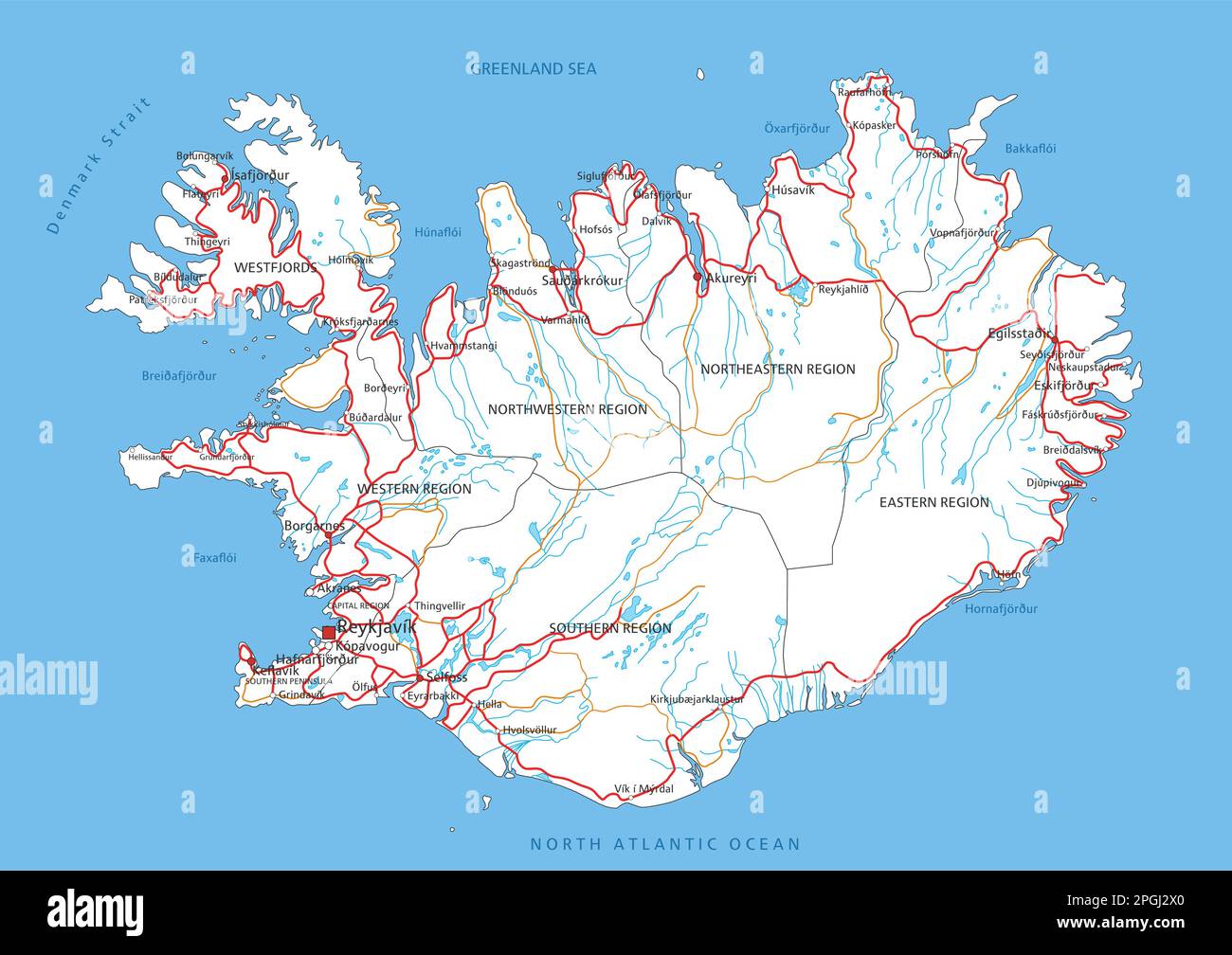 Mappa stradale dettagliata dell'Islanda con etichettatura Immagine e ...