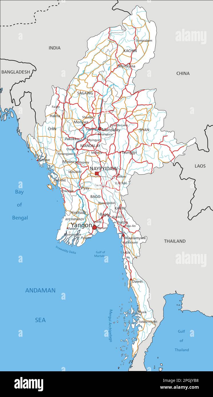 Mappa stradale dettagliata del Myanmar con etichettatura Immagine e ...