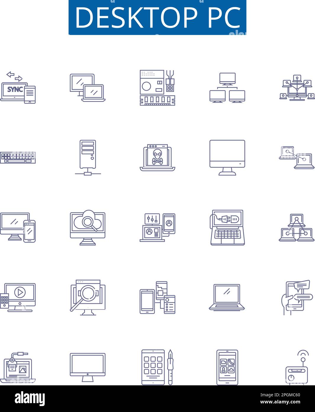 Set di simboli delle icone della linea del pc desktop. Collezione di ...