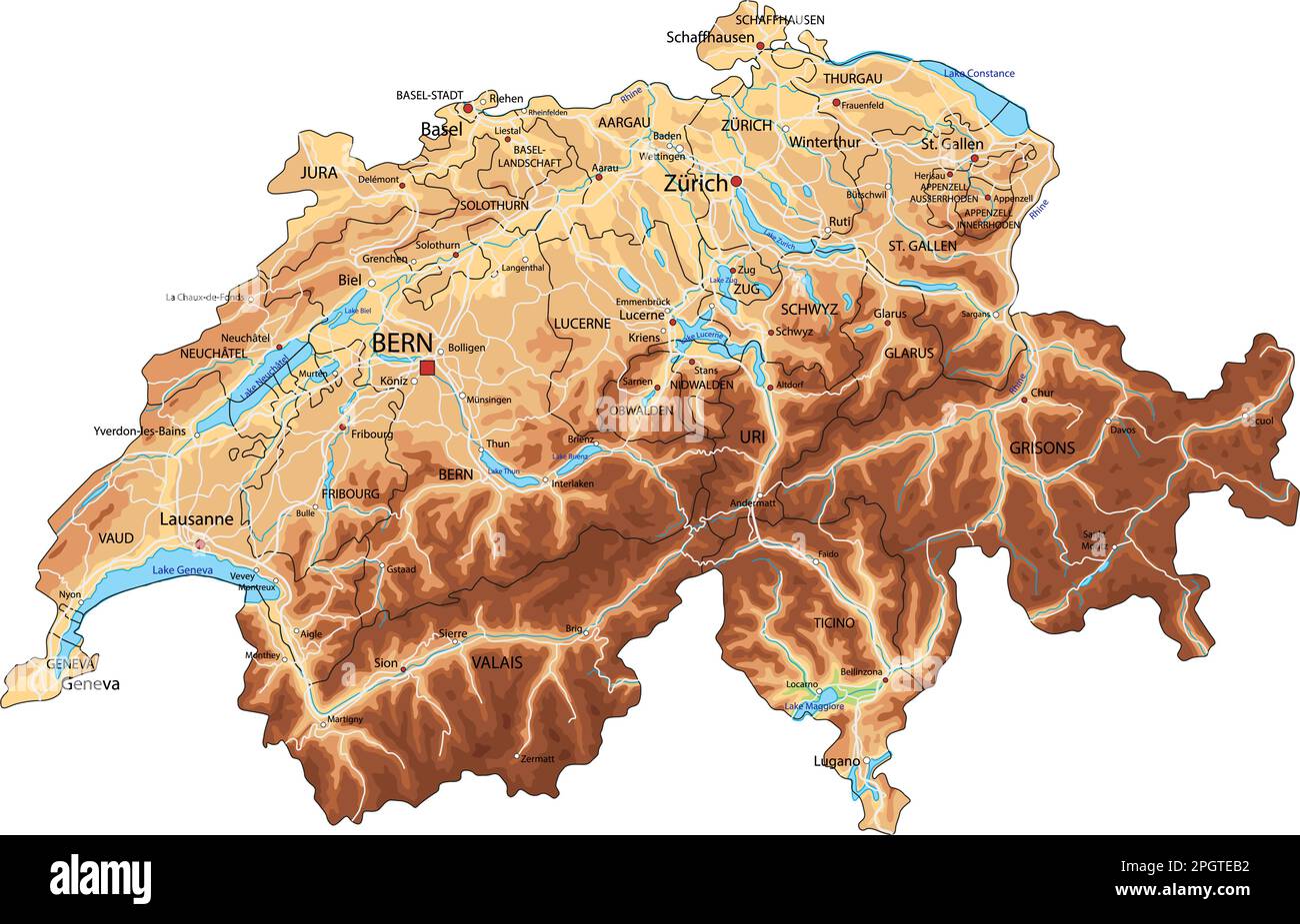 Mappa fisica della Svizzera dettagliata con etichettatura Immagine e ... Mappa fisica della Svizzera dettagliata con etichettatura Immagine e ...
