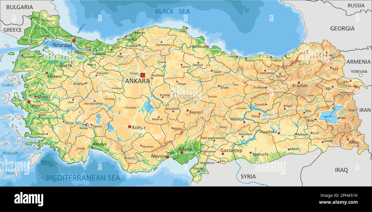 Mappa fisica della Turchia dettagliata con etichettatura Immagine e ...
