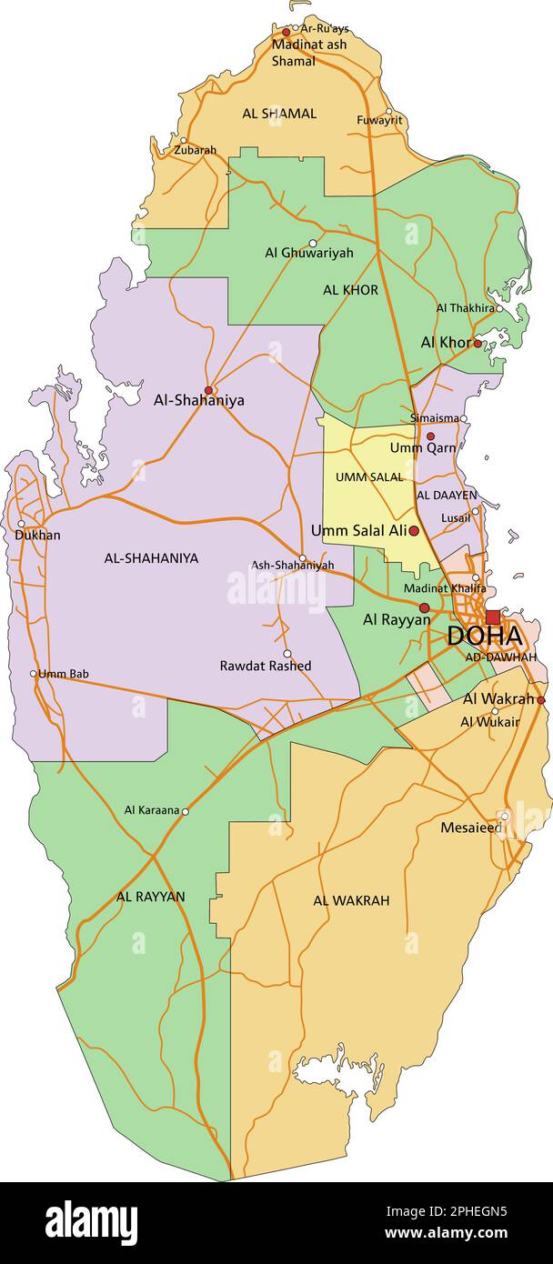 Qatar - Mappa politica modificabile molto dettagliata con etichettatura ...