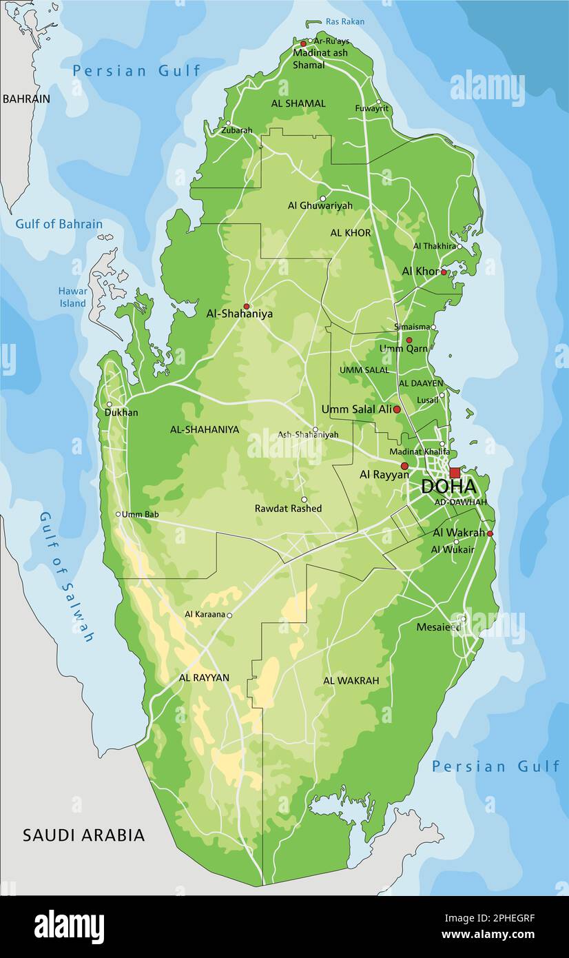Mappa fisica del Qatar estremamente dettagliata con etichettatura ... Mappa fisica del Qatar estremamente dettagliata con etichettatura ...