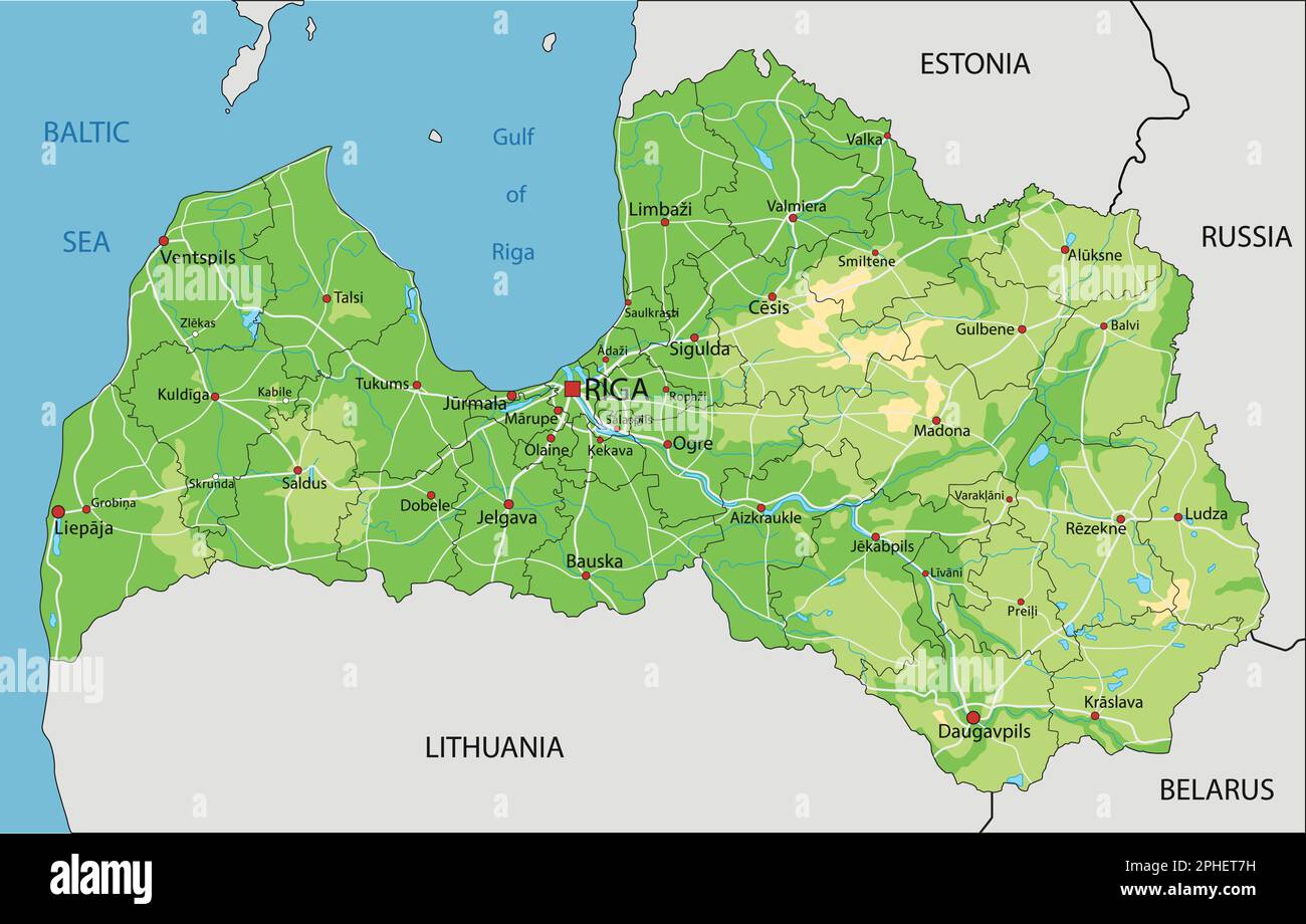 Mappa fisica della Lettonia estremamente dettagliata con etichettatura ...