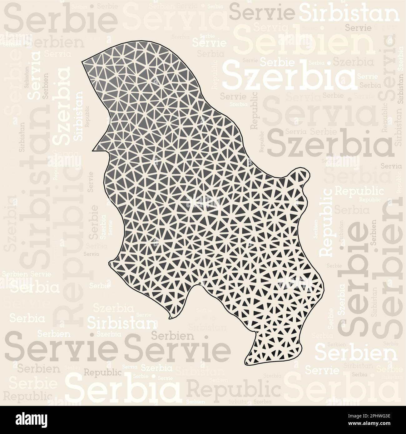 Disegno mappa della Serbia. Nomi dei paesi in diverse lingue e forma ...