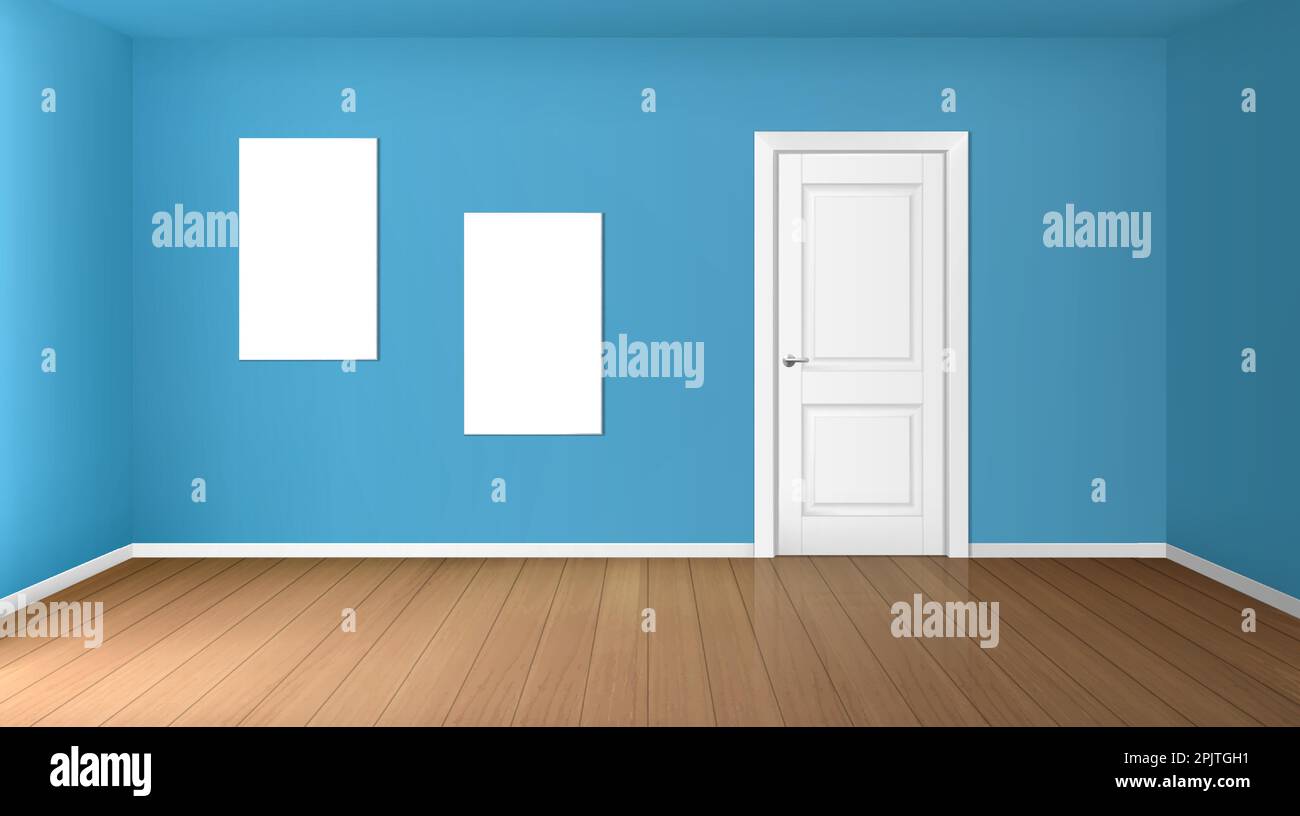 Camera vuota con porta chiusa bianca, pavimento in legno, pareti blu e ...