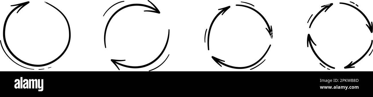 Frecce di doodle rotonde. Set di icone a freccia circolare disegnate a ...