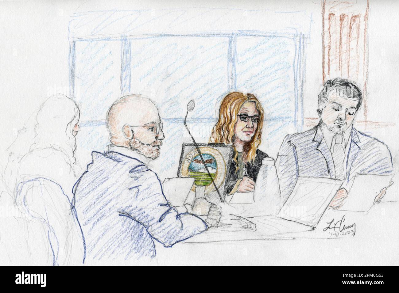 This courtroom sketch, from left, depicts Madison County prosecutor Rob ...