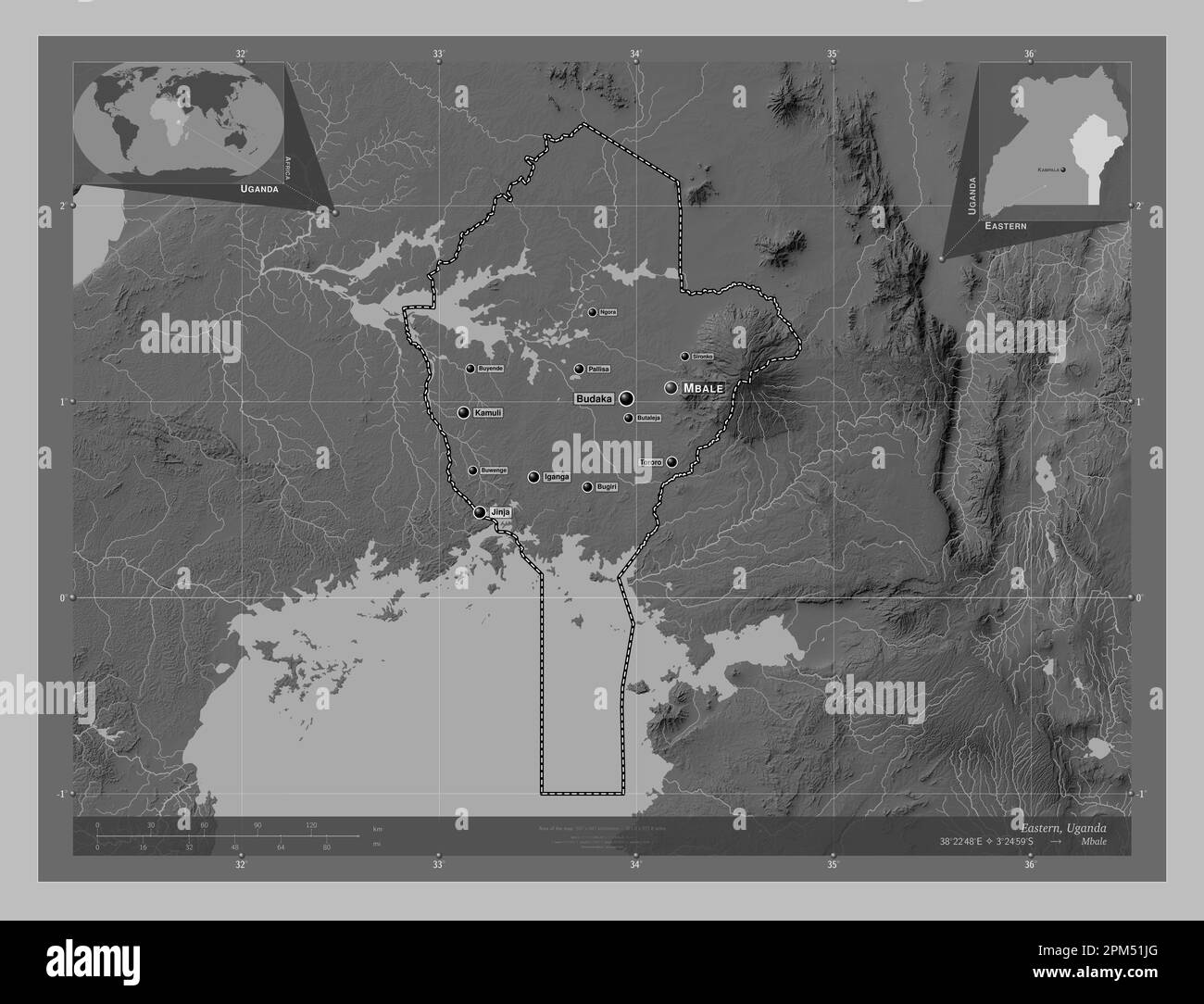 Orientale, regione dell'Uganda. Mappa in scala di grigi con laghi e ...