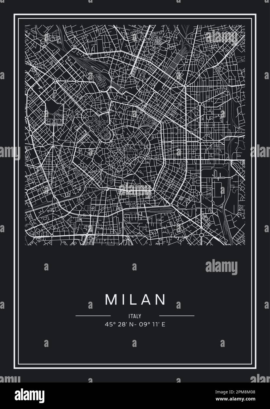 Mappa stampabile in bianco e nero della città di Milano, poster design ...