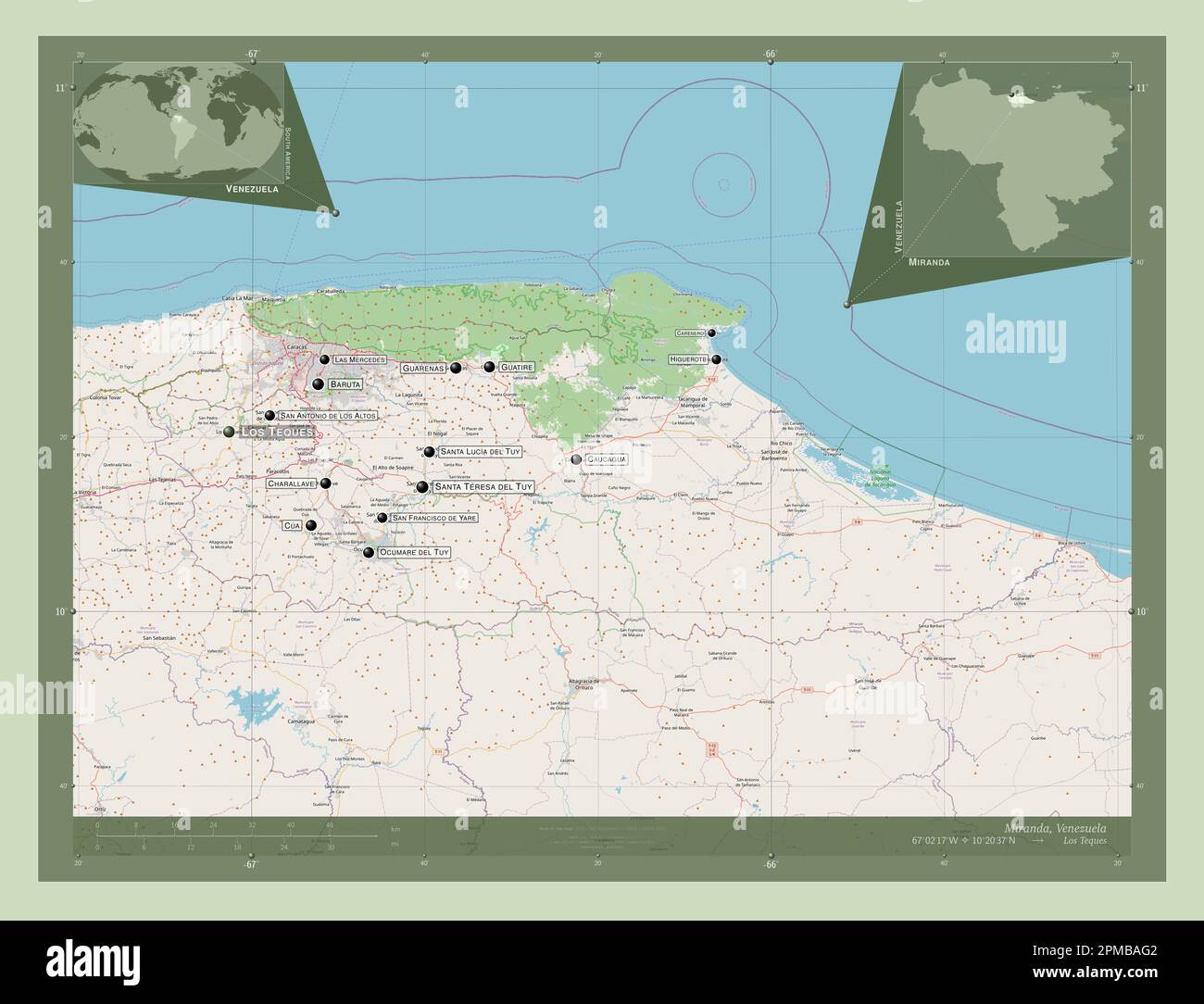 Miranda, stato del Venezuela. Aprire la mappa stradale. Località e nomi ...
