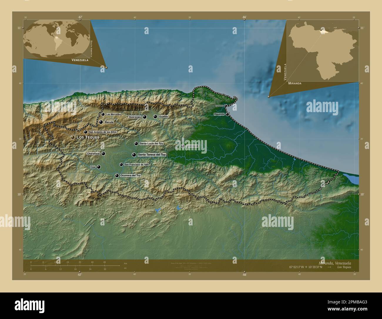 Miranda, stato del Venezuela. Mappa di altitudine colorata con laghi e ...