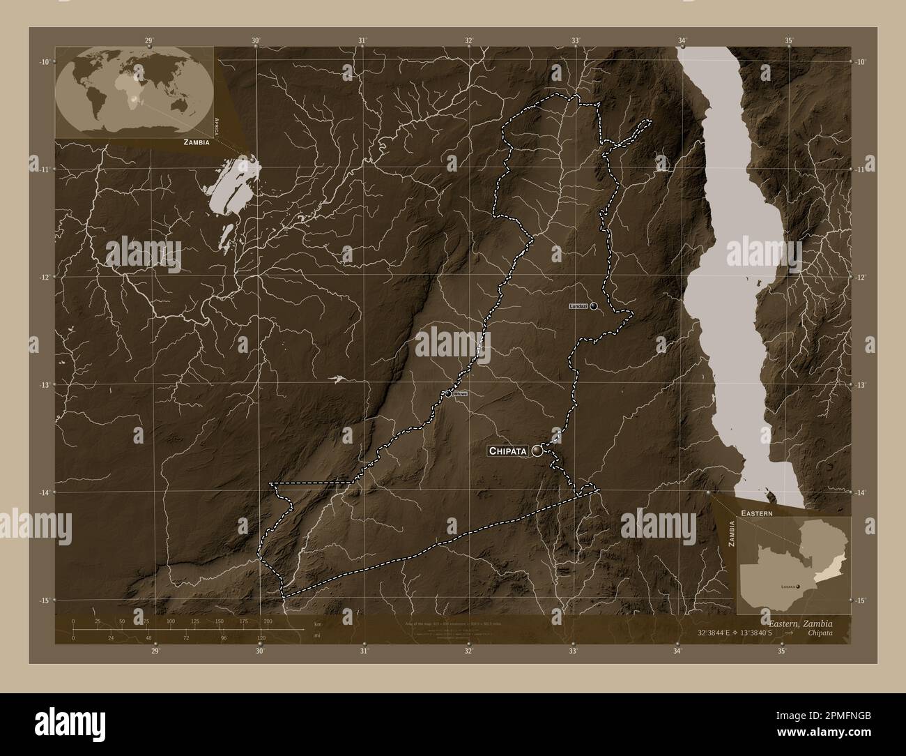 Orientale, regione dello Zambia. Mappa dell'altitudine colorata in ...