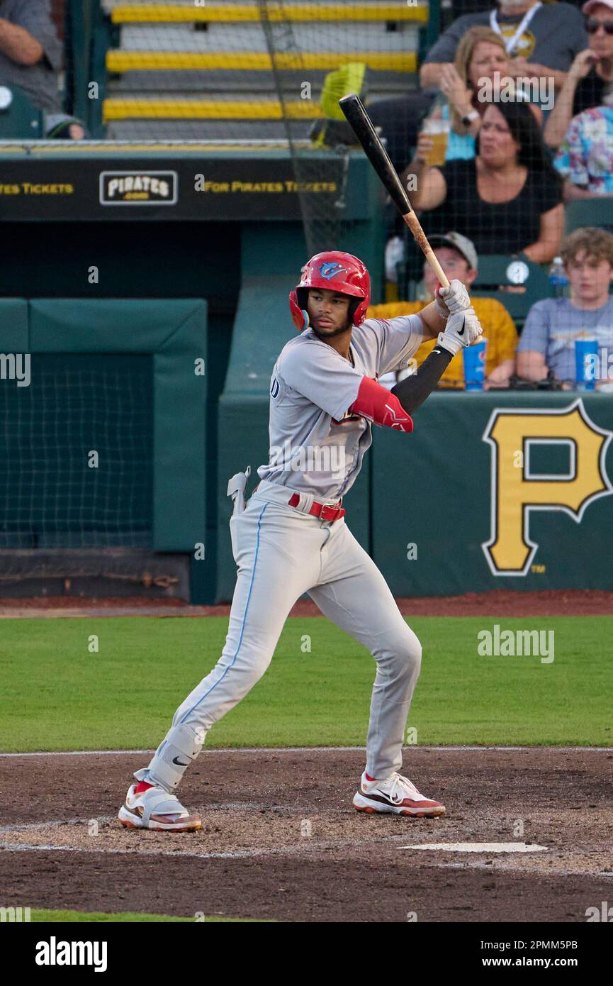 Clearwater Threshers Justin Crawford (13) bats during an MiLB Florida ...