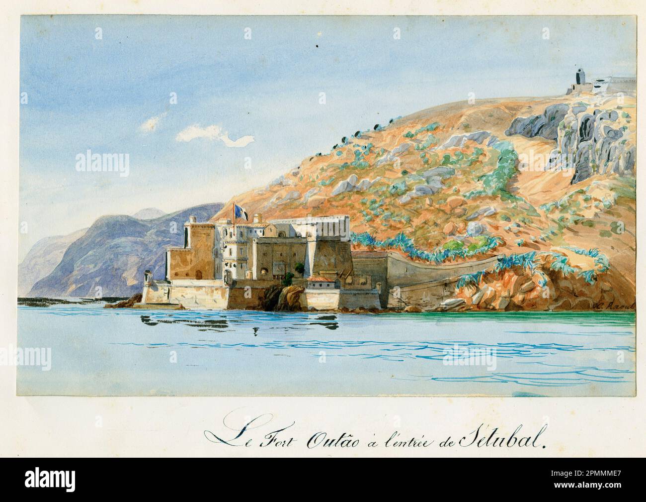 Le Fort Outâo, à l'entrée de Sétubal (Portogallo). Gouache du ...