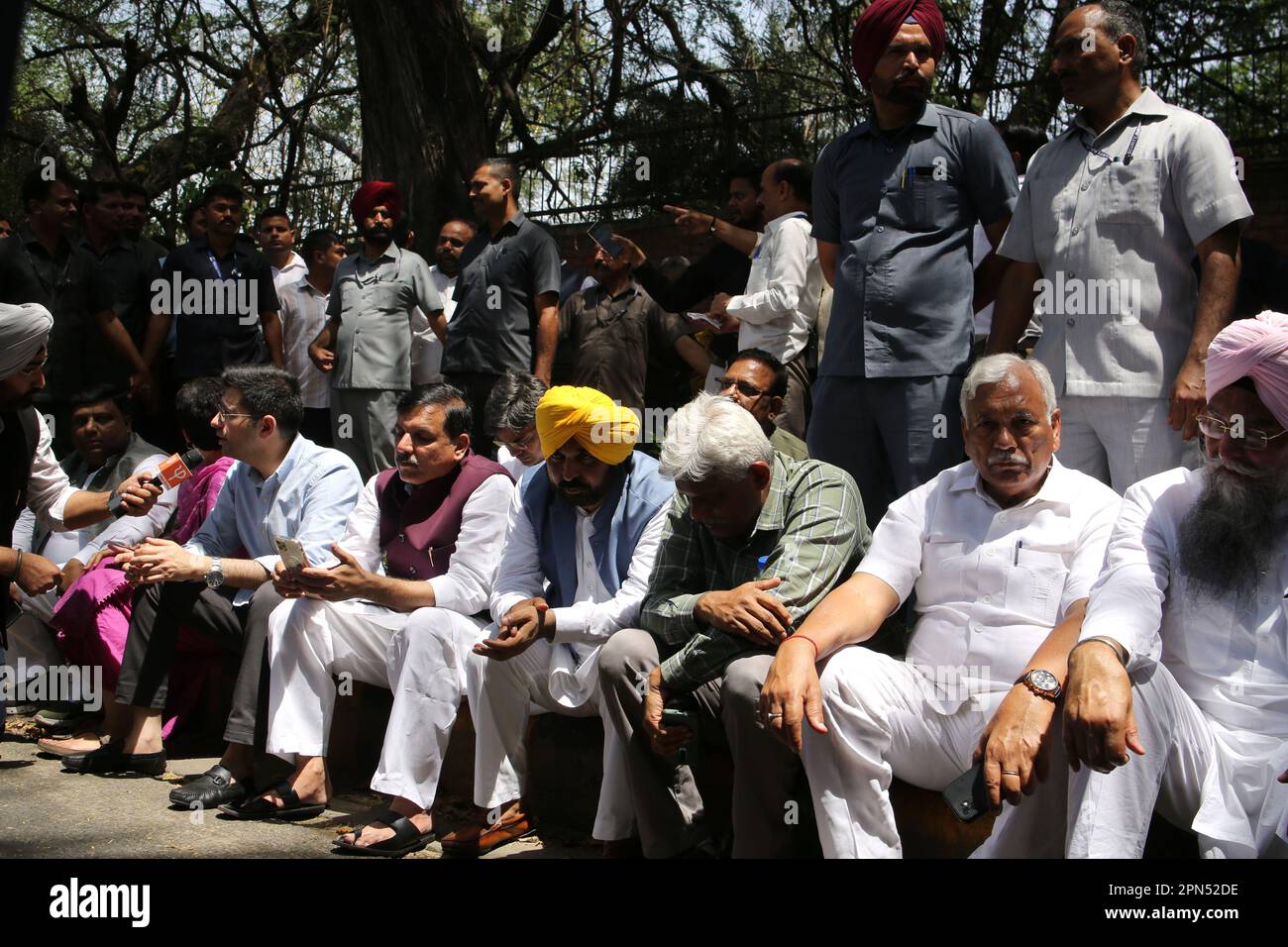 NEW DELHI, INDIA - APRILE 16: Punjab CM Bhagwant Mann, AAP MP Sanjay Singh, Raghav Chadha e i ...