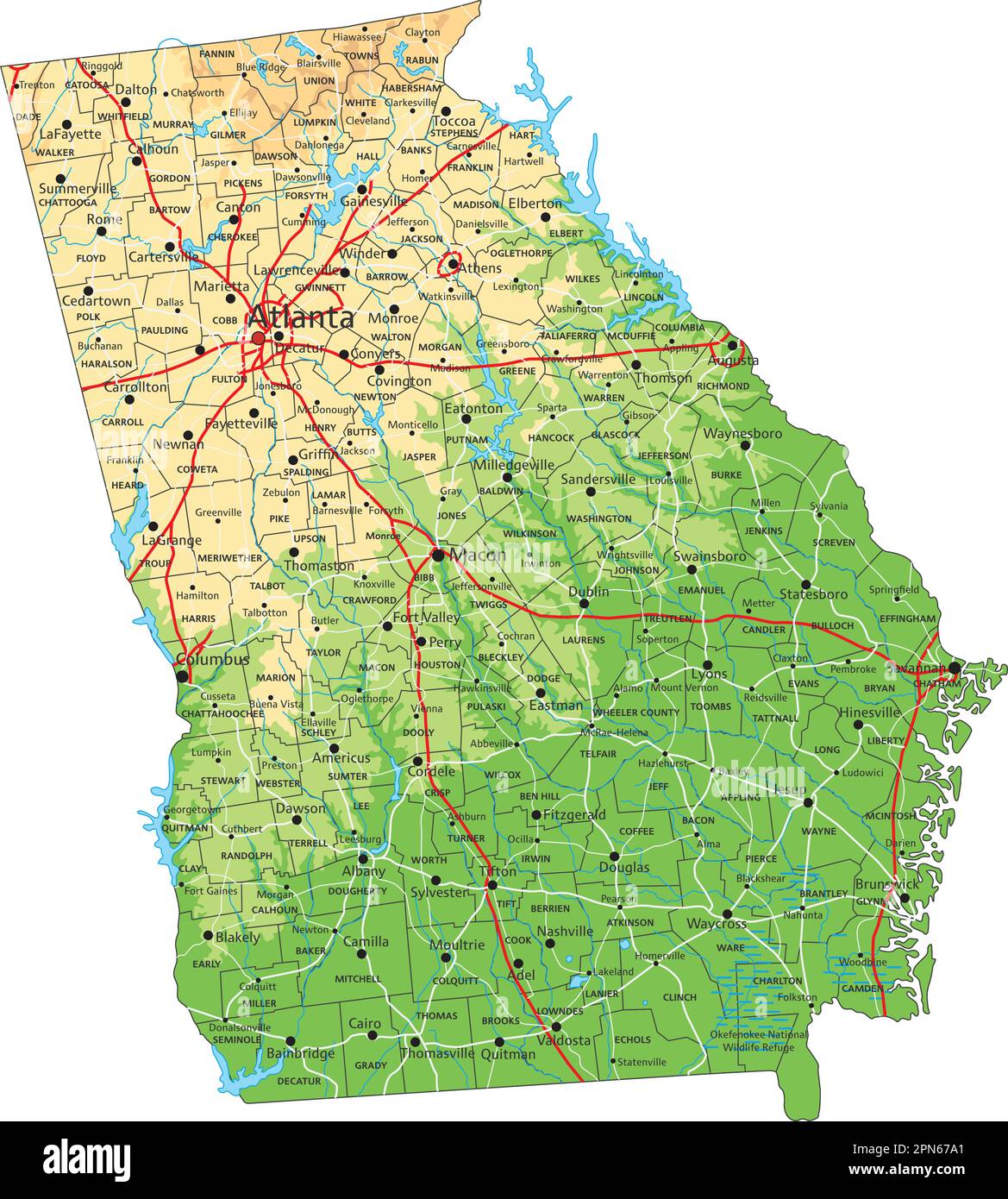 Mappa fisica della Georgia dettagliata con etichettatura Immagine e ...