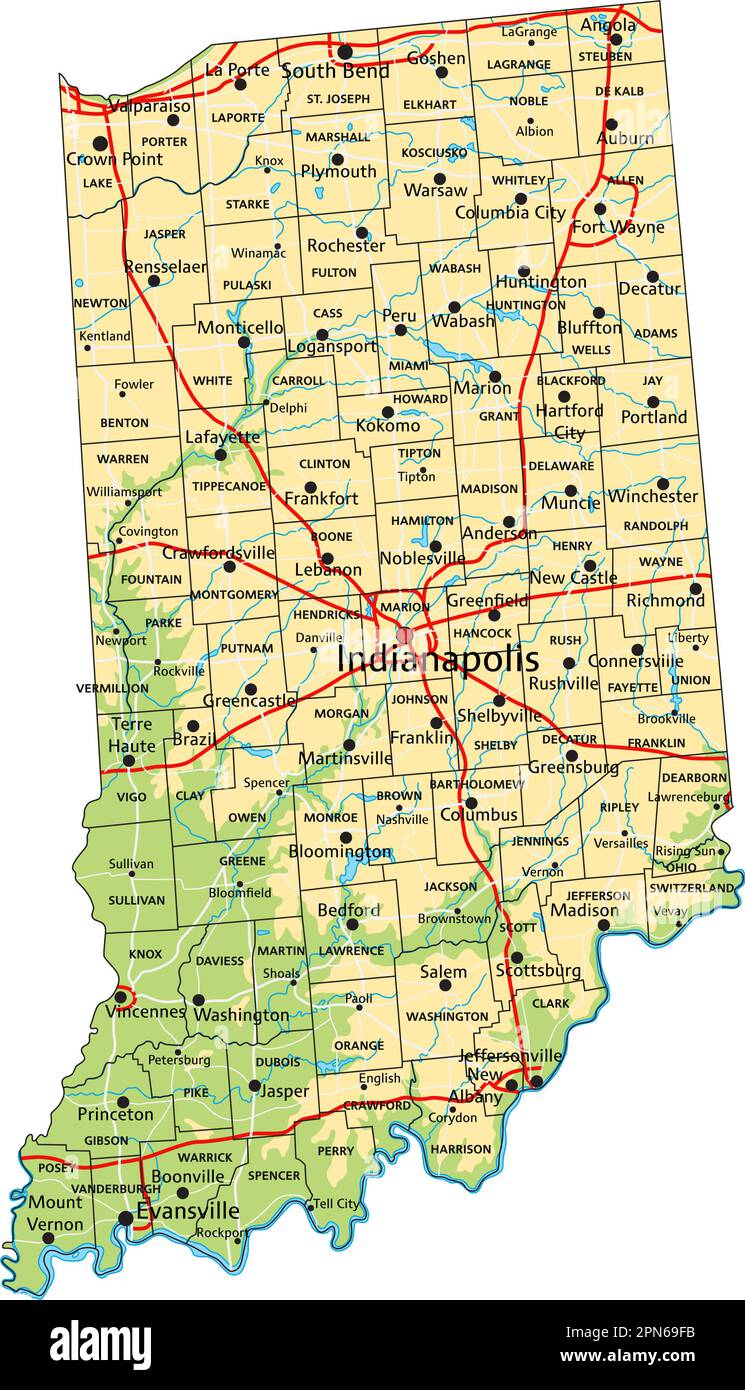 Mappa fisica dell'Indiana dettagliata con etichettatura Immagine e ...