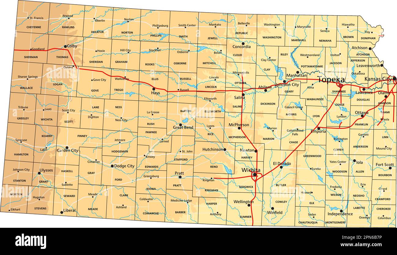 Mappa fisica del Kansas dettagliata con etichettatura Immagine e ... Mappa fisica del Kansas dettagliata con etichettatura Immagine e ...