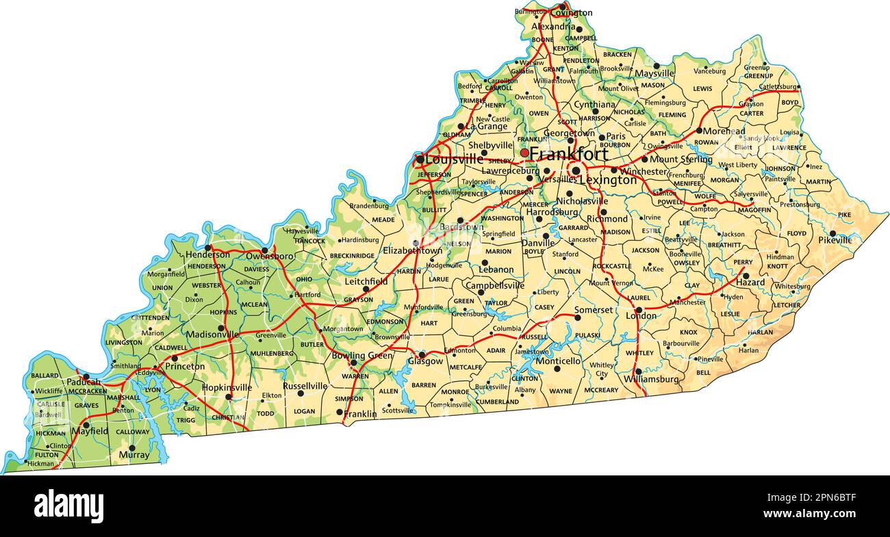 Mappa fisica del Kentucky dettagliata con etichettatura Immagine e ...