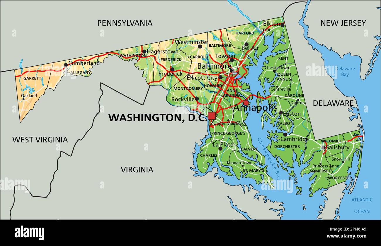 Mappa fisica del Maryland dettagliata con etichettatura Immagine e ... Mappa fisica del Maryland dettagliata con etichettatura Immagine e ...