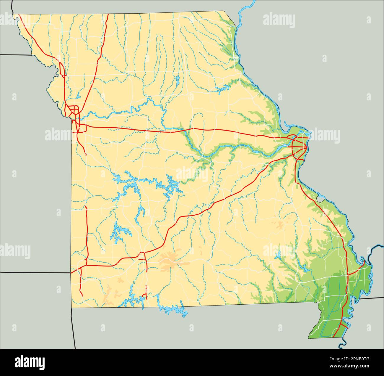 Mappa fisica del Missouri dettagliata Immagine e Vettoriale - Alamy