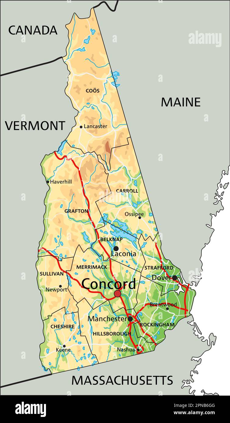 Mappa fisica del New Hampshire dettagliata con etichettatura Immagine e ... Mappa fisica del New Hampshire dettagliata con etichettatura Immagine e ...