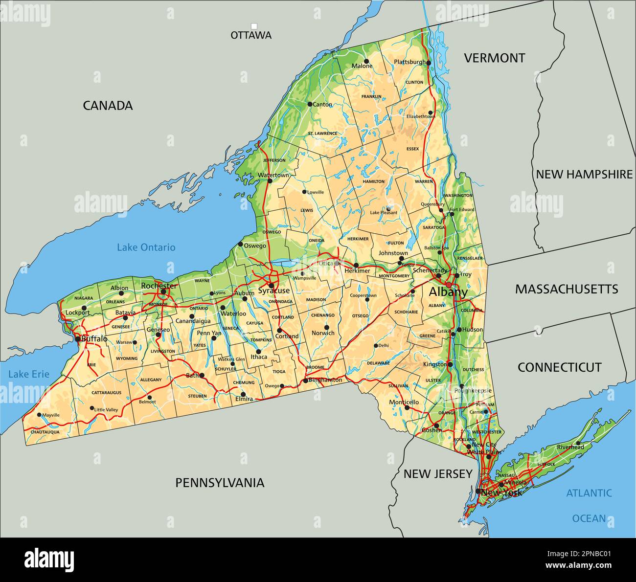 Mappa fisica di New York dettagliata con etichettatura Immagine e ...