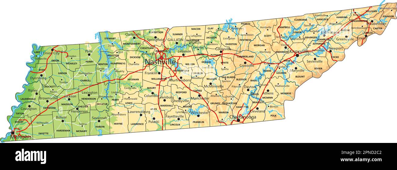 Mappa fisica del Tennessee dettagliata con etichettatura Immagine e ... Mappa fisica del Tennessee dettagliata con etichettatura Immagine e ...