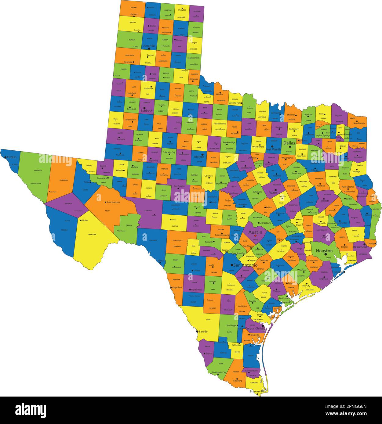 Mappa politica del Texas colorata con livelli chiaramente etichettati e ...
