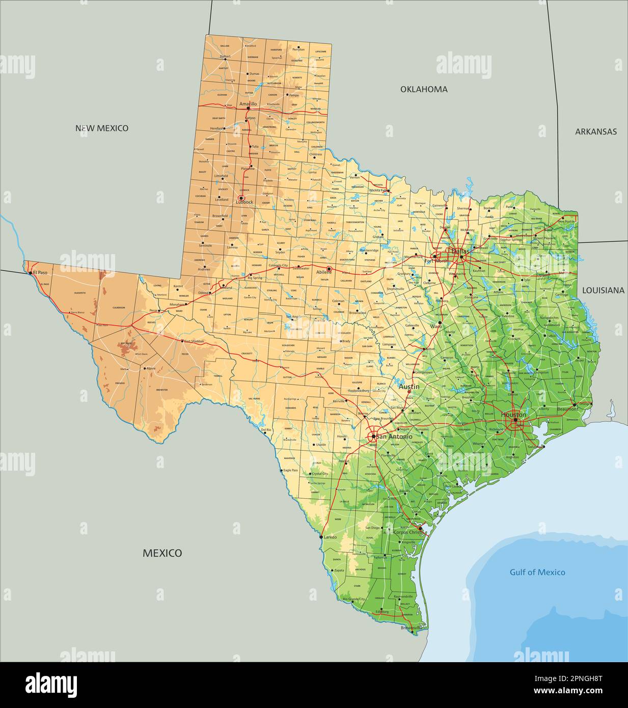 Mappa fisica del Texas dettagliata con etichettatura Immagine e ...