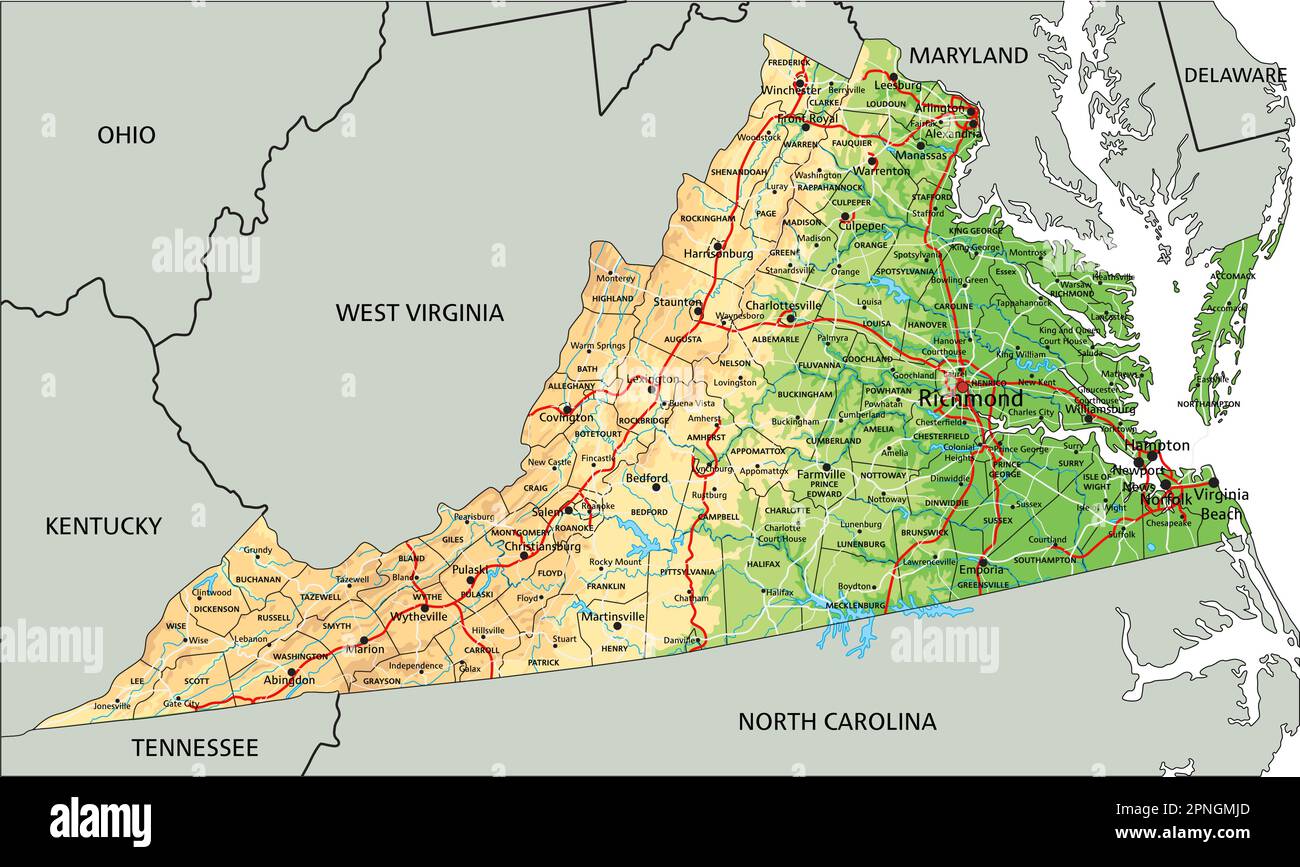 Mappa fisica della Virginia dettagliata con etichettatura Immagine e ...